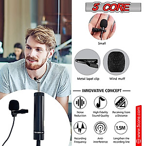 5 CORE Premium Lavalier Microphone Lapel Clip-on Mini Wired Omnidirectional Condenser Mic for Podcasting, Recording, Vlogging, Android, Smartphone, DSLR, Camera, Computer, Laptop