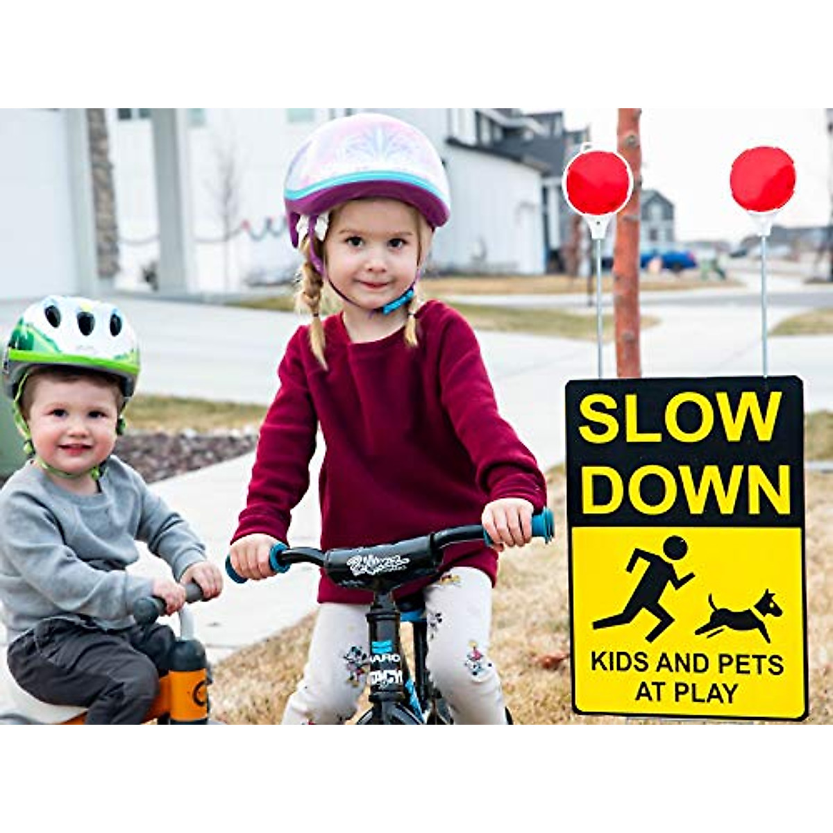 CORQUE Kids at Play Safety Signs for Street, Slow Down & Caution Warning - 2 Pack Double Sided with High Visibility Reflectors & Adjustable Metal Stakes Set - Children Playing Yard Road Visual Signal