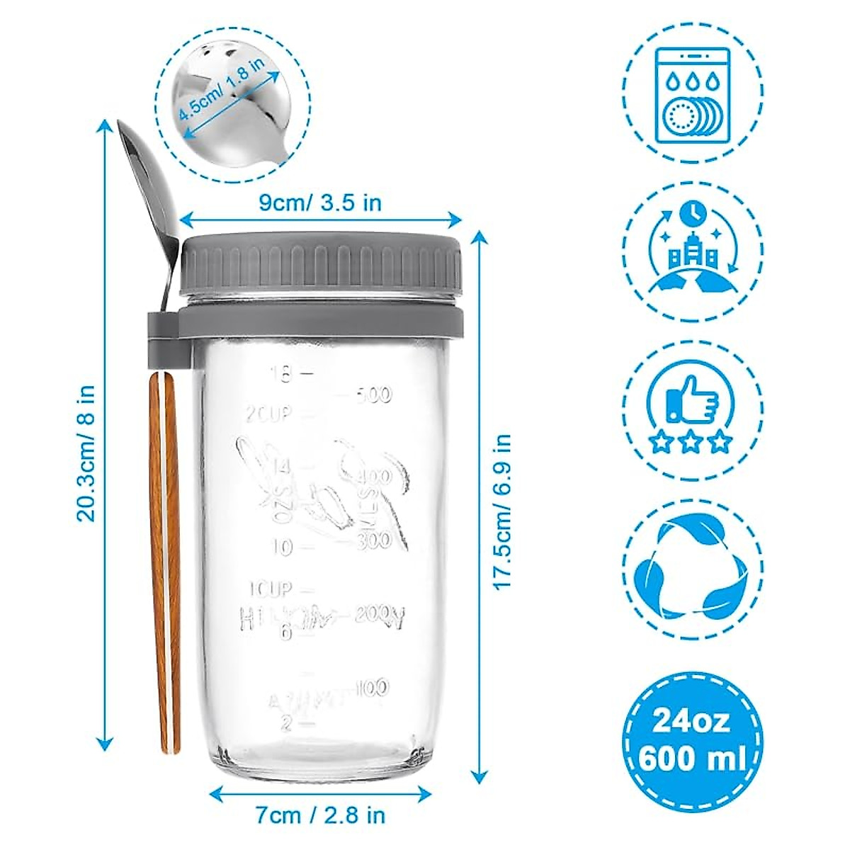 FRIUSATE 4 Pack Overnight Oats Containers with Lids and Spoons, 24 oz Glass Oatmeal Container with Measurement Marks, Large Capacity Airtight Mason Jars for Milk Cereal Fruit