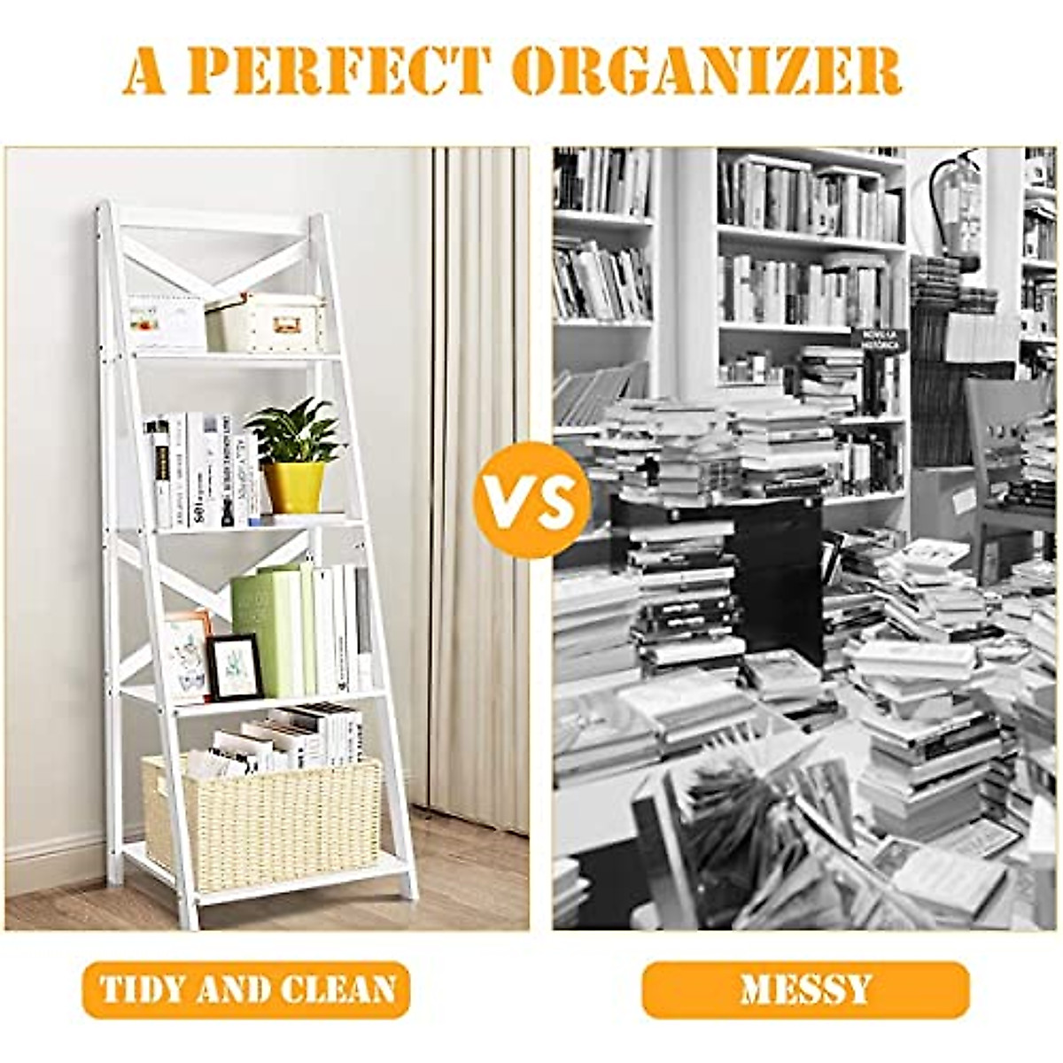 LUARANE Modern 4-Tier Ladder Shelf, Wooden Bookshelf with X-Shaped Frame, Free Standing Bookcase with 4 Open Storage Shelves, Organizer Shelf for Living Room Kitchen Office (2, White)