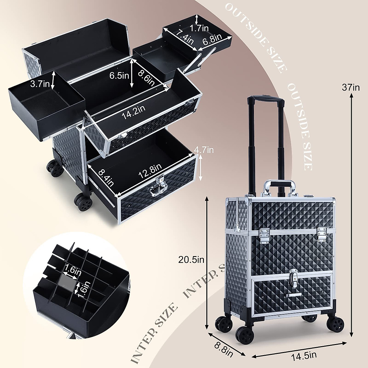 Adazzo Professional Rolling Makeup Case for Makeup Artists Multi-functional Cosmetic Train Case Large Storage Case for Nail Technicians Cosmetology Case with Compartments for Hairstylist