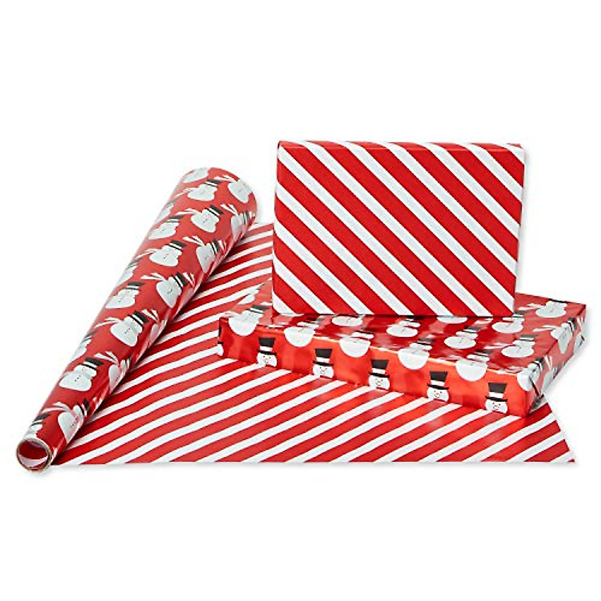 American Greetings 80 sq. ft. Reversible Christmas Foil Wrapping Paper Bundle, Red, Black and Silver, Candy Cane Stripe, Snowmen and Santa Belt (4 Rolls 30 in. x 8 ft.)