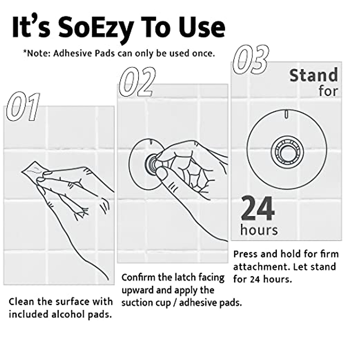 SoEzy Drill-Free Hook Rail with 3 Hooks for Kitchen and Bathroom Storage, Utensil Hanger with Suction Cup and Adhesive Disc, Wall Accessories for Hanging Utensils (White)