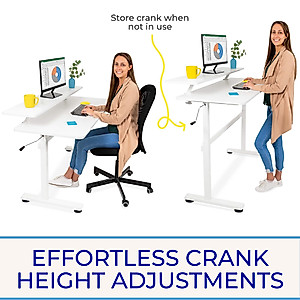 Stand Steady Tranzendesk 55 Inch Standing Desk with Clamp-On Shelf | Crank Height Adjustable Stand Up Workstation with Attachable Monitor Riser | Extra Large Sit Stand Desk Hold 3 Monitors (White)