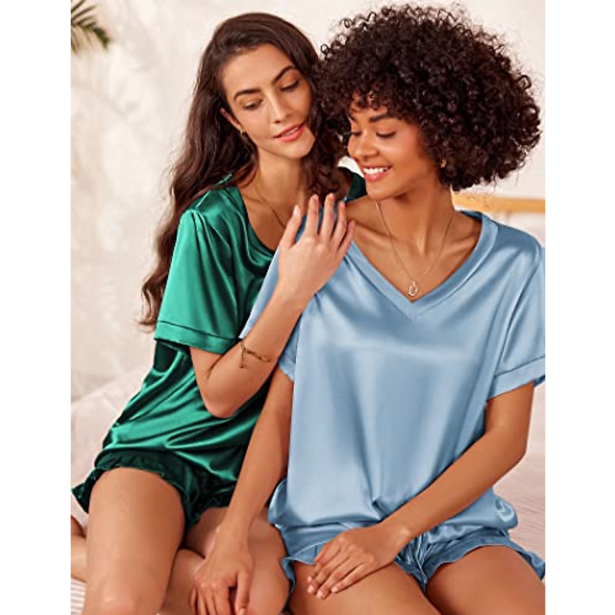 Ekouaer Silk Pajamas Set for Women Satin Short Sleeve Sleepwear V Neck Sleep Set 2 Piece Pj Set Light Blue Large