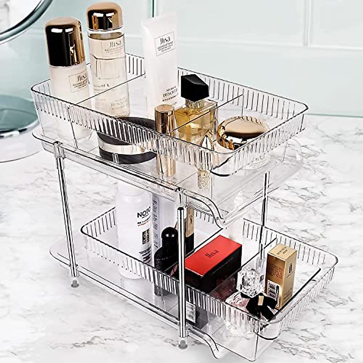 2 Tier Clear Pull Out Organizers and Storage - Snack Organization for Pantry w Lids/Dividers, Slide-Out Under Sink Organizer for Bathroom and Kitchen, Cabinet/Countertop Acrylic Drawers Medicine Bins