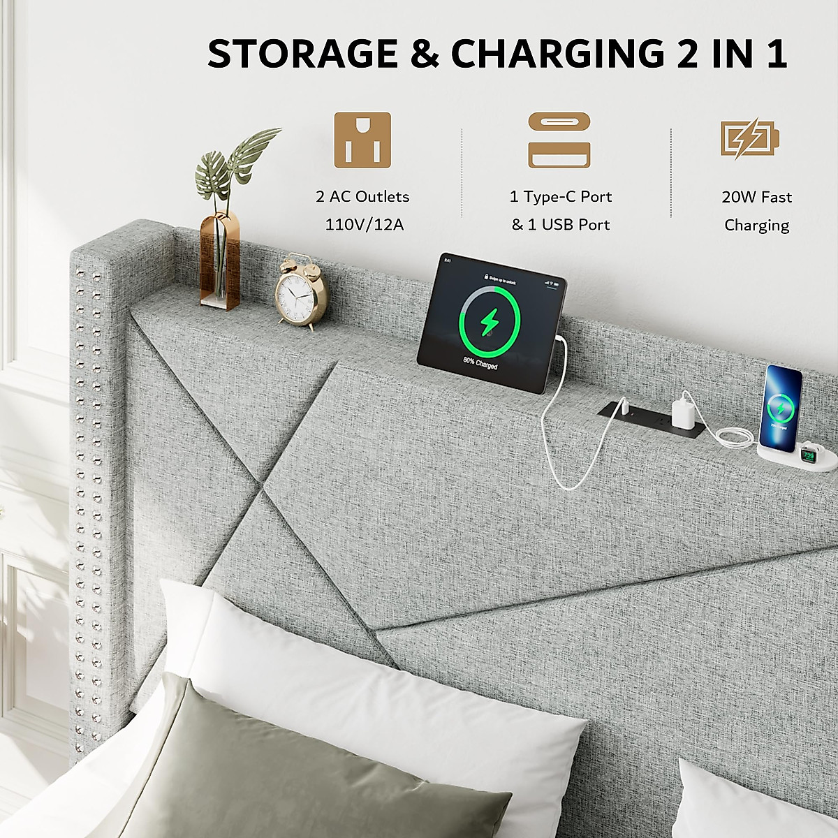 iPormis King Storage Bed Frame with 4 Drawers, Upholstered Bed Frame with Minimalist Wingback Headboard and Charging Station, No Box Spring Needed, Light Gray