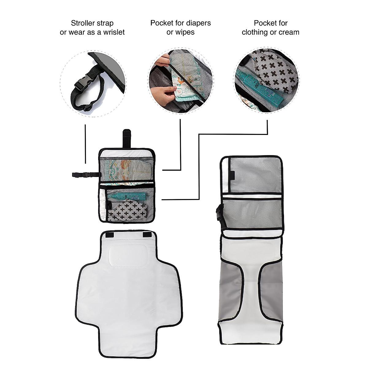 Portable Changing Pad Station for Newborn Baby Infant Diaper Mat Waterproof Compact Wristlet Clutch Holds Wipes & Diapers On The Go Travel Kit for Mom Dad in Grey by 3iveWell