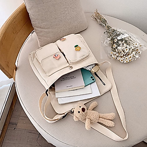 JQWSVE Canvas Messenger Bag Casual Shoulder Crossbody for Women Girls Kawaii with Accessories Cute Japanese Schoolbag 02-beige