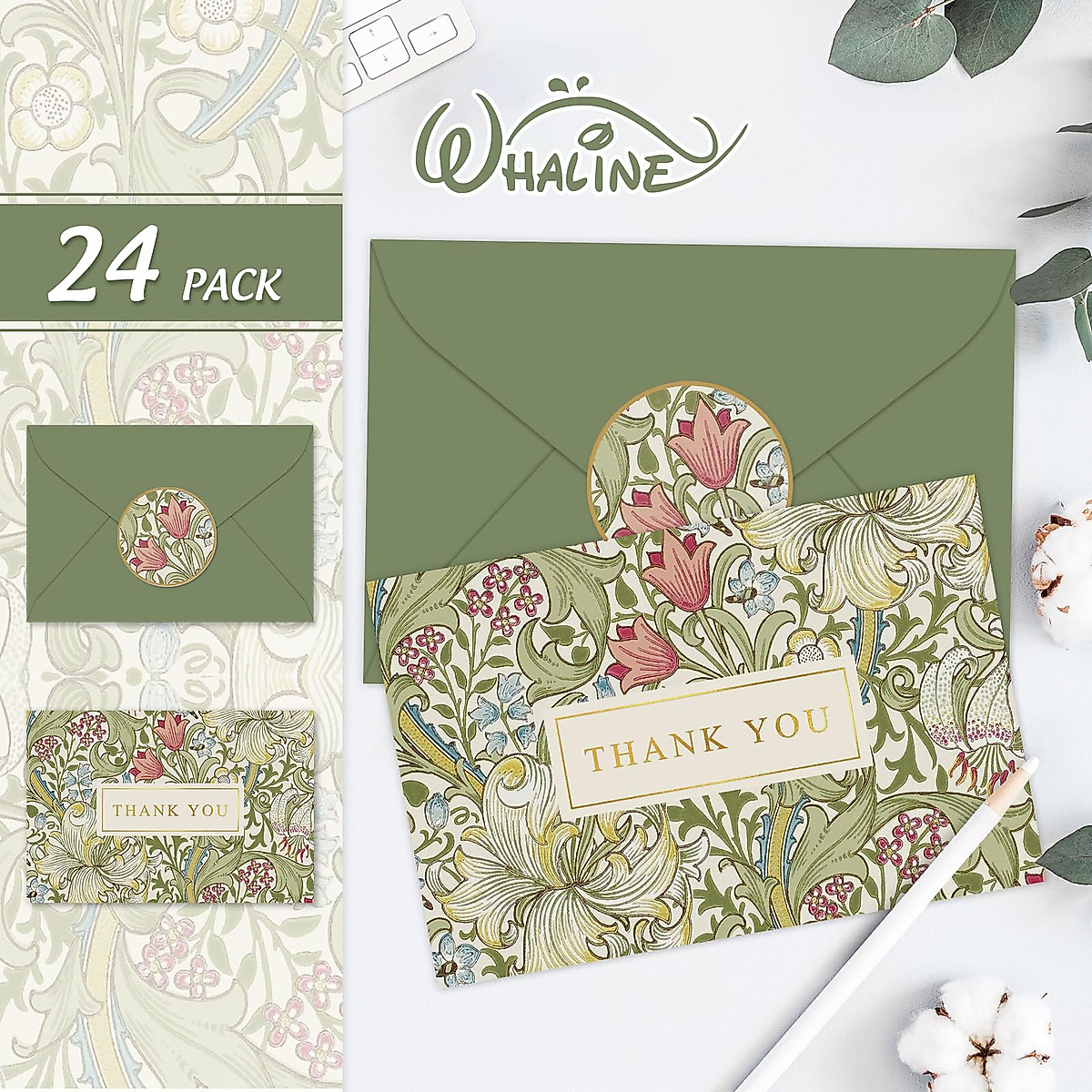 Whaline 24 Pack Plants Floral Gold Foil Thank You Cards Bulk Green Flower Greeting Cards with Envelope Sticker Vintage Blank Note Cards for Birthday Baby Shower Party Supplies, 4 x 6 Inch