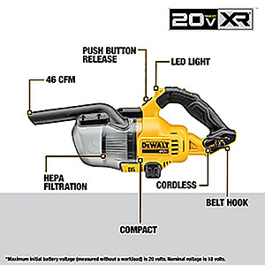 DEWALT 20V Vacuum, Cordless Handheld Vacuum, HEPA, Battery Not Included (DCV501HB)