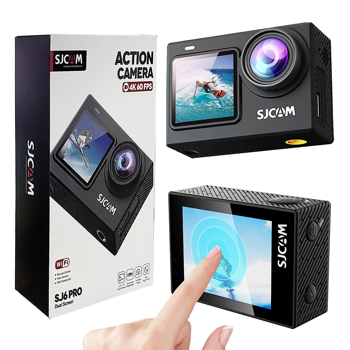 SJCAM SJ6Pro 4K60fps 24MP Dual Screen Action Camera with WiFi, 6-aixs Image Stabilization,170° FOV 8X Zoom, Underwater 40m Waterproof Camera Support External MIC, 2 * 1000mAh/64G Card/Ride Kits