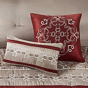 Madison Park Essentials Jelena Room in A Bag Faux Silk Comforter Classic Luxe All Season Down Alternative Bedding, Matching Bedskirt, Curtains, Decorative Pillows, Queen(90"x90"), Red 24 Piece