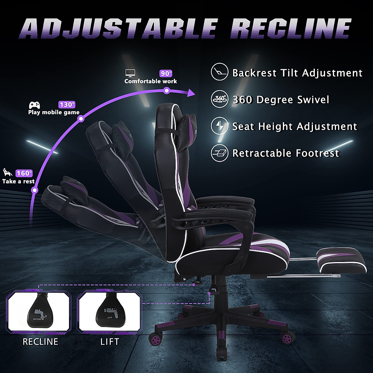 Zeanus Gaming Chair for Adults Purple Gaming Chairs Reclining Computer Chair with Footrest for Heavy People Gamer Chair with Massage Ergonomic PC Gaming Chair Racing Chair for Gaming Big and Tall