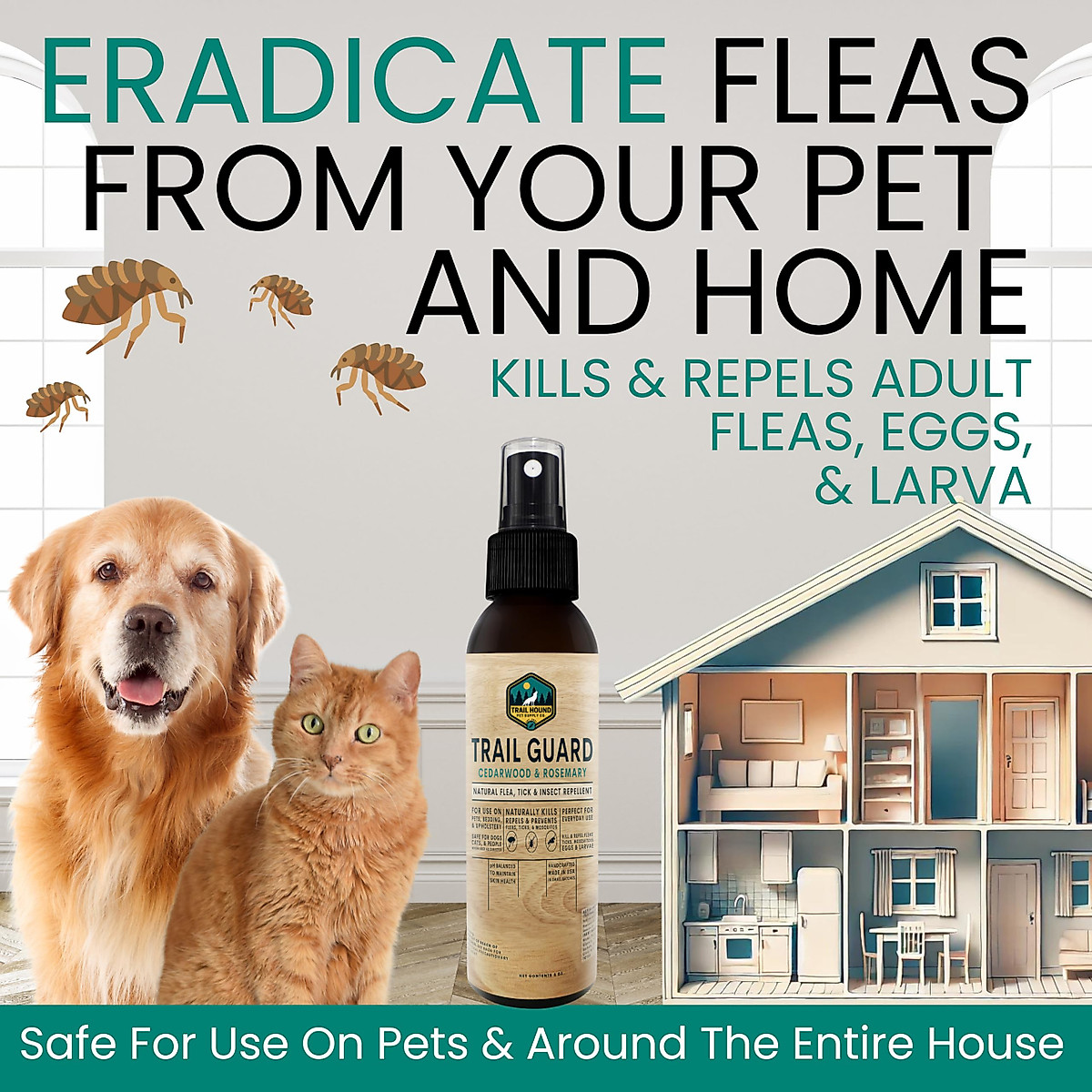 Trail Guard Natural Extra Stregth Insect, Flea and Tick Spray for Dogs, Cats, People & Home - 4oz Plant-Based Insect & Tick Repellent for Dogs - Kid Safe - DEET Free - Flea and Tick Prevention