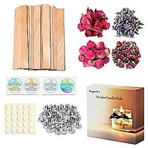 Visgaler 150 Pcs Upgrade Wood Wicks for Candle Making, Thickened Wood Wicks Made in USA, Smokeless Crackling Wooden Candle Wicks with Iron Stander, Glue Dot, Warning Labels and Gram Dry Flower(50 Set)