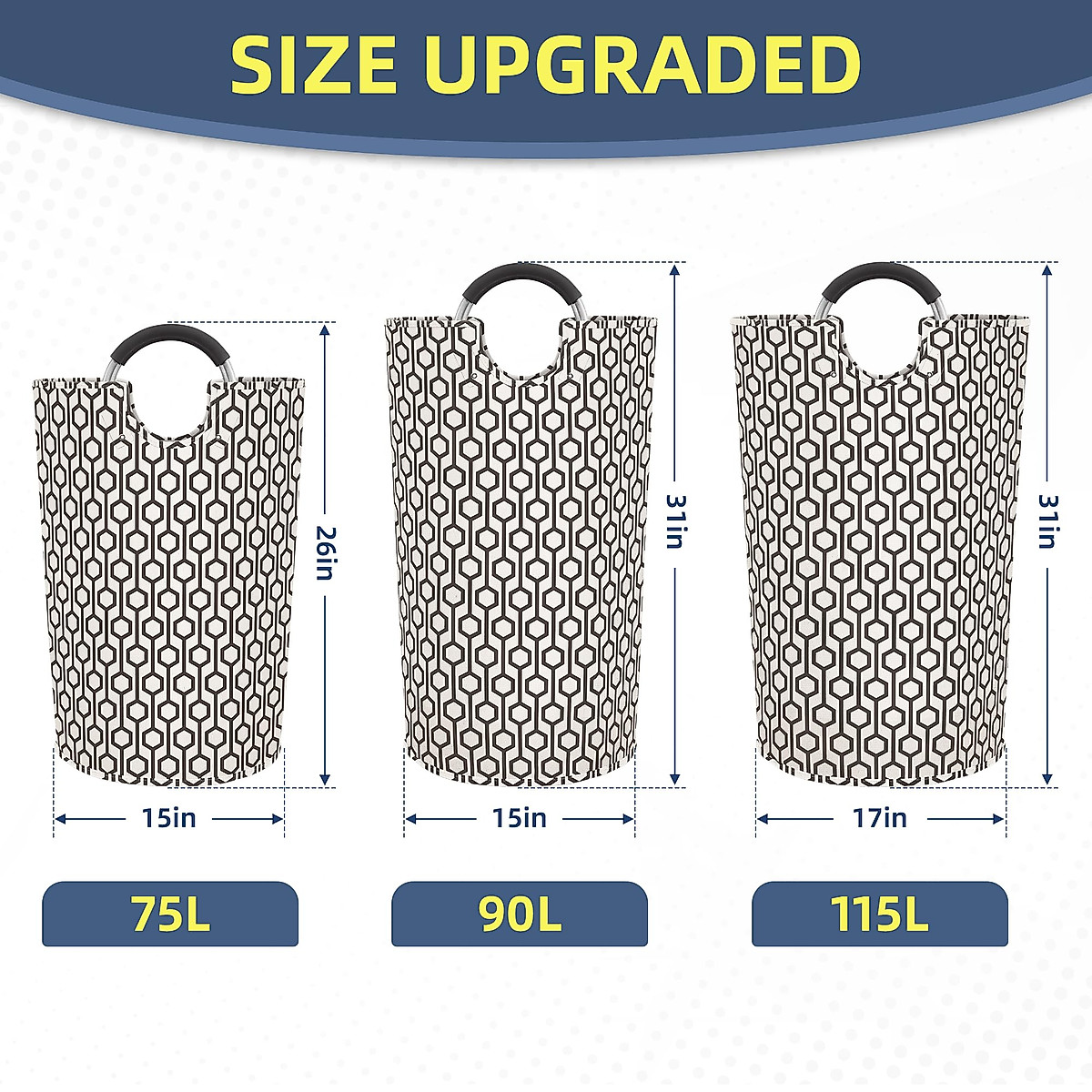 STORAGE MANIAC 2 Pack 90L Large Collapsible Freestanding Hamper, Waterproof Laundry Bag with Padded Handles, Folding Tall Clothes Hamper, Hexagon