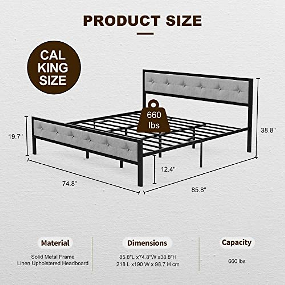 IKIFLY Metal California King Size Bed Frame with Upholstered Linen Headboard Footboard, Mattress Foundation, Heavy Duty Metal Slats, Easy Assembly, No Box Spring Needed - Light Grey/Cal King