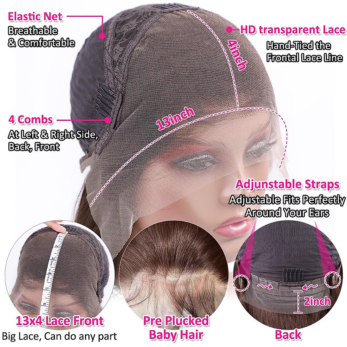 Hermosa 13x4 Brown Lace Front Wigs Human Hair with Baby Hair 180 Density Hd Straight Lace Frontal Human Hair Wigs Pre Plucked Hairline 4# Brown Wig 24 Inch