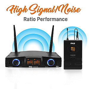 Compact UHF Wireless Microphone System - Pro Portable Dual Channel Desktop Digital Mic Receiver Set w/ 2 Belt-Pack Transmitter, Receiver, 2 Headset, Lavalier Mics, XLR, for Home, PA - Pyle PDWM2958B