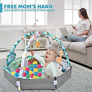 Baby Gym Play Mat, 8-in-1 Tummy Time Mat & Ball Pit with 6 Toys, Washable Baby Activity Play Mat for Visual, Hearing, Sensory, Motor Development, Baby Toys Gift for Toddler Infant 0-3-6-9-12 Months