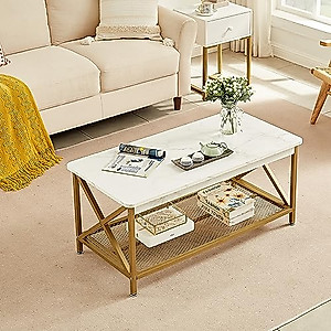 VECELO Coffee Table with Storage Shelf for Living Room,Industrial Style,Easy Assembly, Gold