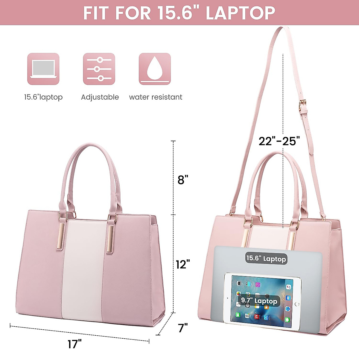 LOVEVOOK Laptop Bag for Women, Large Computer Tote Bag Handbag Shoulder Bag With Clutch Purse, Business Work Briefcase Travel Bag, 2 PCs 15.6-inch, Pink-White