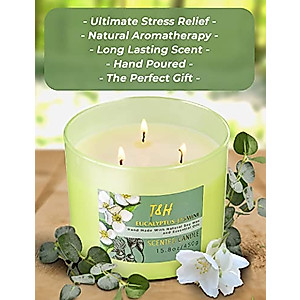 Stress Relief Aromatherapy Candle for Men & Women - Eucalyptus Jasmine 3 Wick Candle with Lavender, Mandarin & Balsam - Strong Scented Candles for Home 15.8 oz - Natural Soy Candles, Eucalyptus Candle