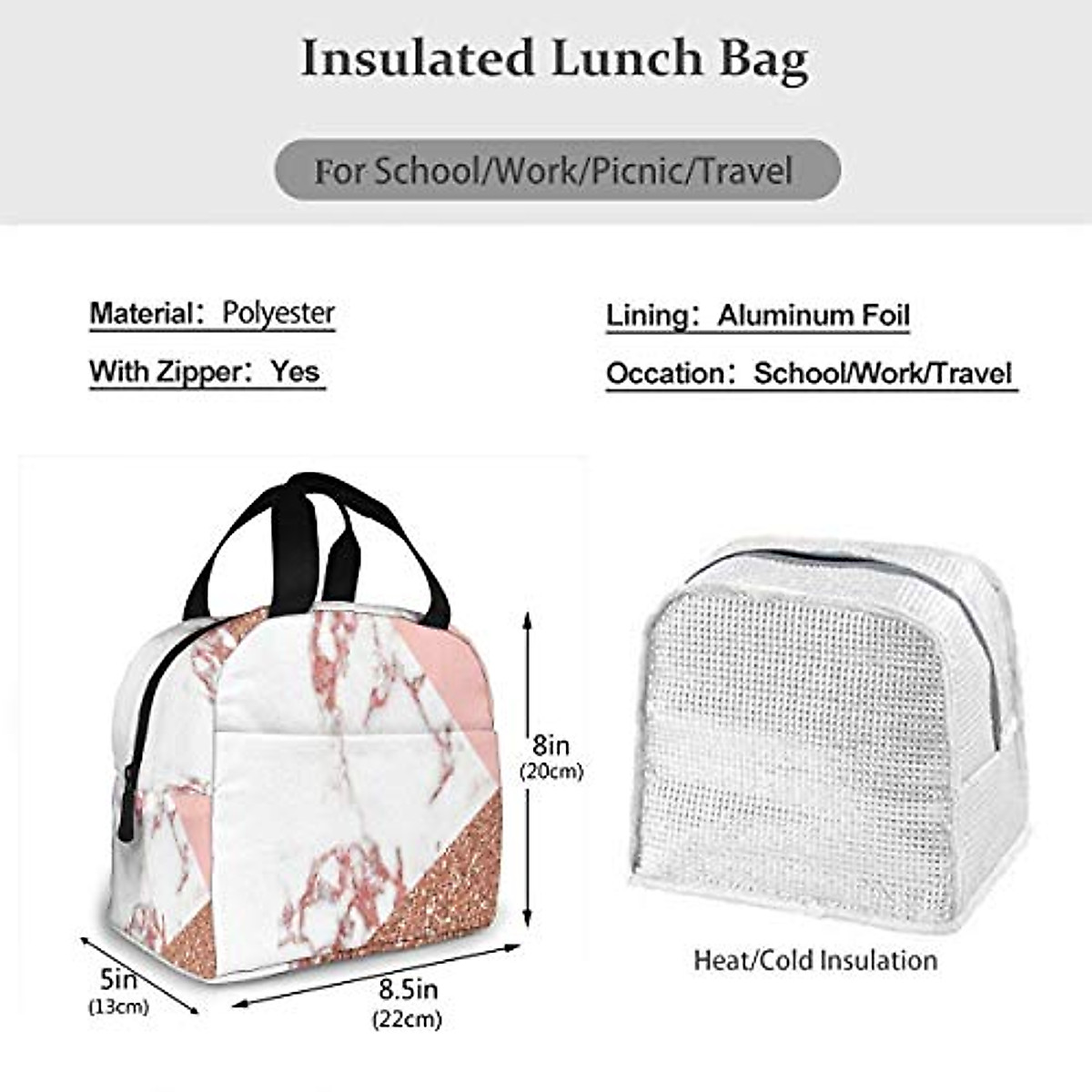 Pink White Marble Glitter Lunch Bag Cooler Bag Women Tote Bag Insulated Lunch Box Water-resistant Thermal Soft Liner Lunch Container for Picnic Travel Boating Beach Fishing Work