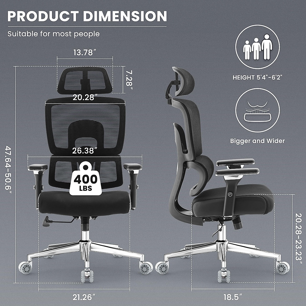 Ergonomic Office Chair, Big and Tall Mesh Chair 400LBS for Home Office&Gaming, High Back Desk Computer Chair with Lumbar Support, 3D Adjustable Headrest,4D Armrests, Upgraded Mute Rubber Chair Casters