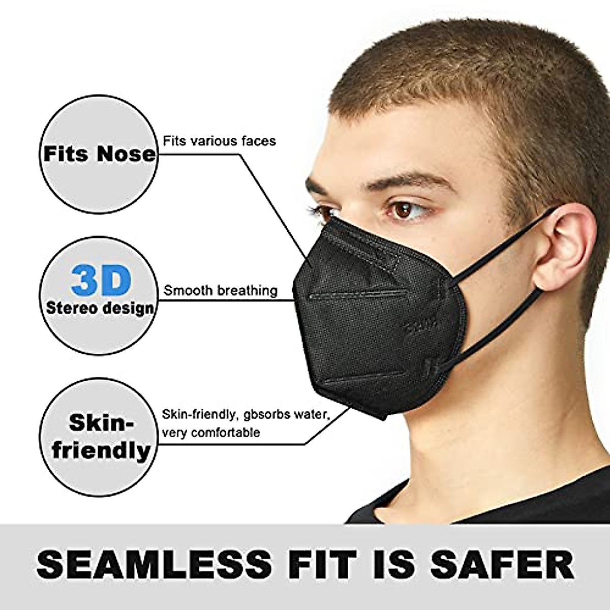 Taimu TM KN95 Face Masks for Protection Black Breathable Foldable Protective Masks Against PM2.5, Dust, Air Pollution for Adult, Men, Women(50 PCS)
