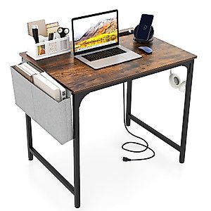 Giantex 32 Inch Computer Desk with Charging Station, Home Office Writing Desk with Storage Bag & Headphone Hook, Compact Gaming Table PC Workstation, Modern Simple Laptop Desk for Bedroom, Study