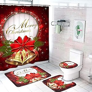 Merry Christmas Shower Curtain Sets with Non-Slip Bathroom Rugs, Toilet Lid Cover, Bath Mat and 12 Hooks, Xmas Red Bell Bow Bathroom Sets with Shower Curtain and Rugs for Christmas Decoration