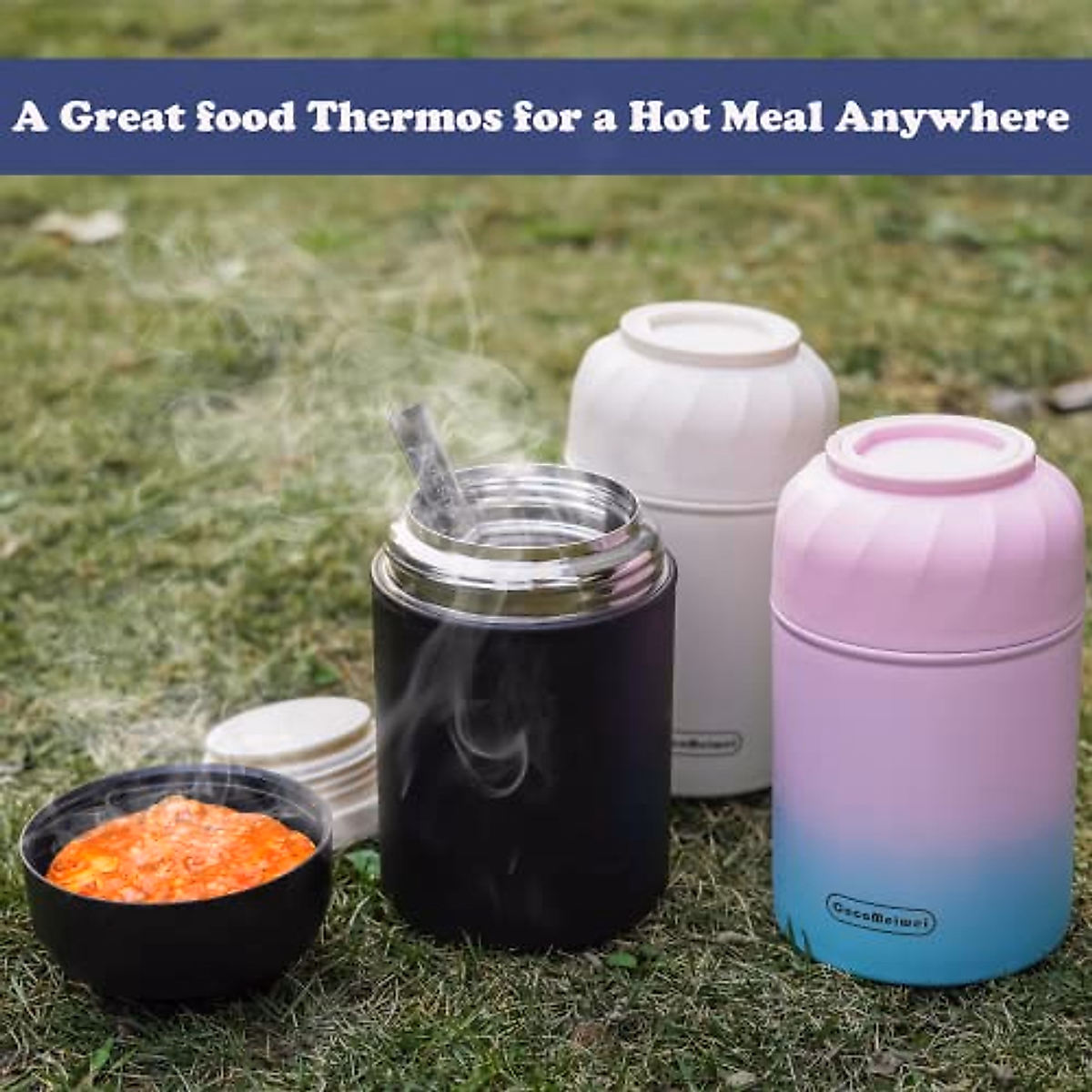 CocoMeiwei Thermos for Hot Food & Drinks, Thermos Lunch Box for Kids, 17oz Vacuum Insulated Food Container with Spoon&&Drawstring Bag, Soup Thermos for Adults, Pink&Green