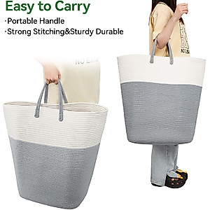 CHICSTASH Cotton Rope Laundry Hamper with Handles,76L Large Laundry Basket Blanket Basket for Living Room Durable Dirty Clothes Basket for Bedroom, Dorm, Towels, Toys(16x13x22in Grey & White)