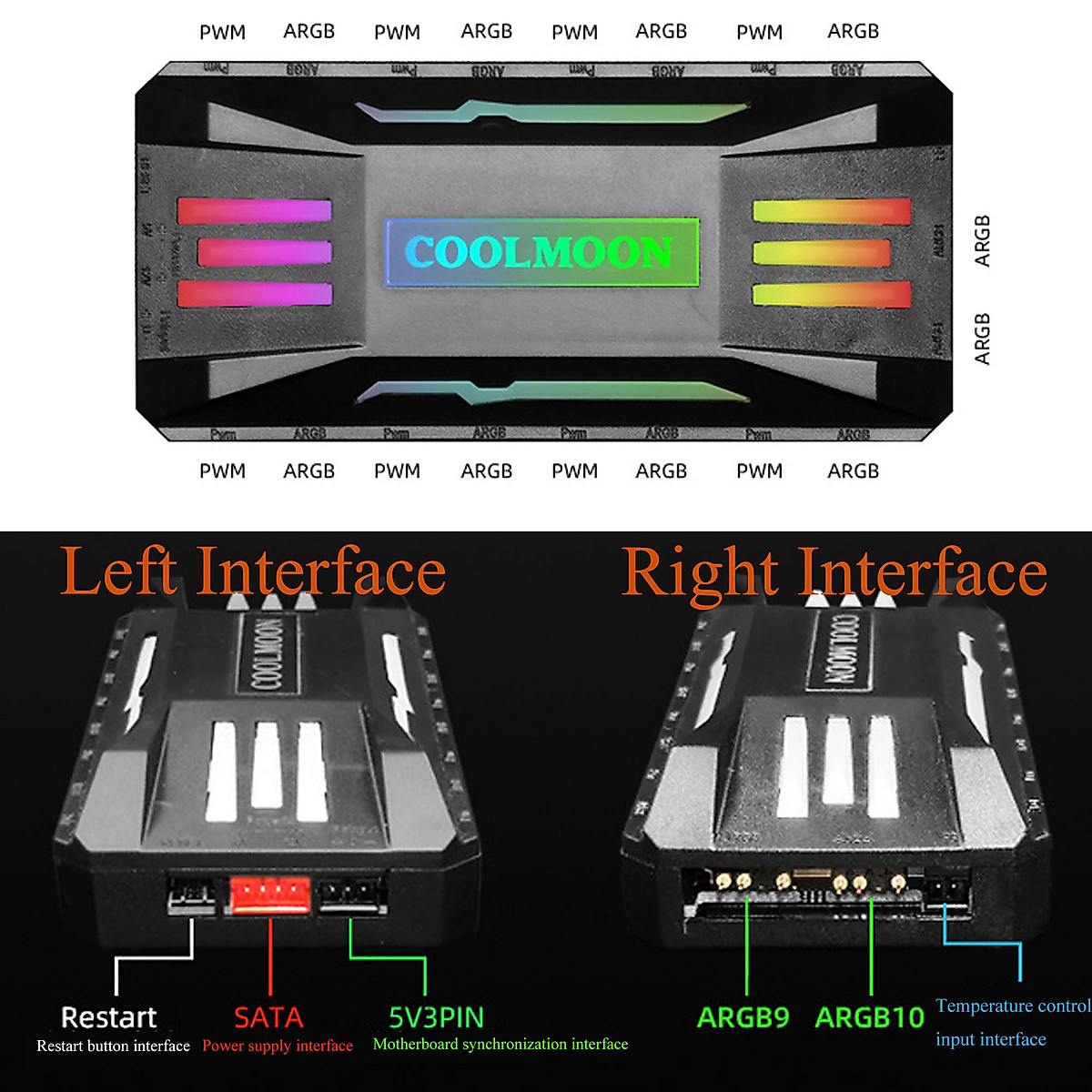 KLLsmDesign Pwm Fan Temperature Controller Integrator, Remote Control Computer RGB Light Adapter, 8 * 4 Pin Fan Speed Controller Ports, 10 * 5v 3pin A-RGB Ports with Magnet （Black）