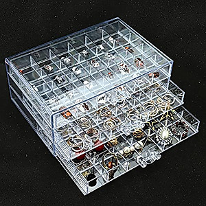 YUFONG Earring Storage Box Organizer 3 Drawers Acrylic Jewelry Storage Box Holder Transparent Jewelry Display Stand with 72 Small Compartments Gift for Women Girls (Clear)