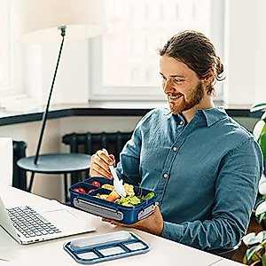 Hotop 3 Packs Bento Box, Adult Lunch Box for Kids, Adults, Toddler Containers 1300ml with 4 Compartment & Fork Leak Proof, Microwave, Dishwasher, Freezer Safe, Blue, Green, Pink, HT-Hotop-274