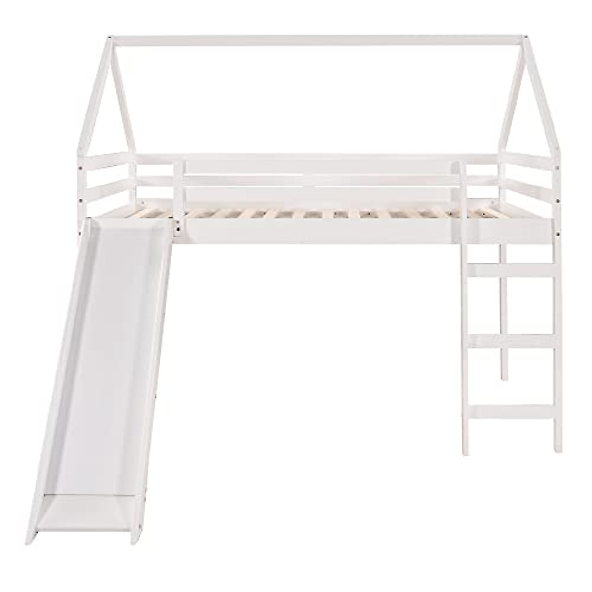Merax Wooden Montessori Low Loft Bed with Slide Stairs, Full Guardrail House Loft Bunk Bed for Kids Boys,Girls, No Box Spring Need Full White