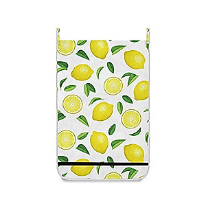 Fresh Lemon Leaves Door Hanging Laundry Hamper Bag Yellow Orange Slices Fruit Space Saving Wall Large Laundry Basket Storage Dirty Clothes Bags with Bottom Zippers Hooks For Bathroom Bedroom 1 Pcs