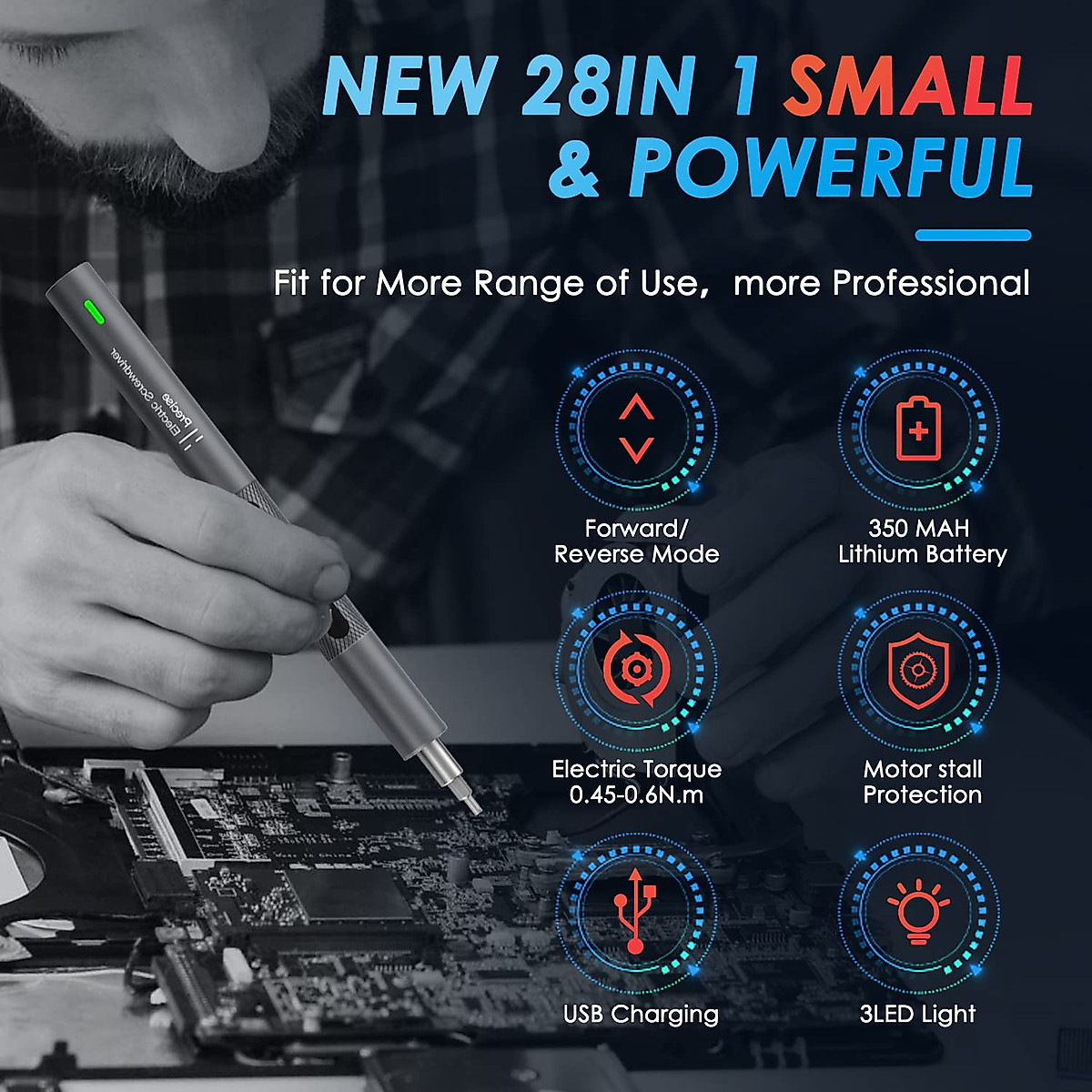 WOTOW Electric Screwdriver, (Newest) 28 in 1 Mini Power Precision Cordless Screwdriver Set with 24 Bits 3 LED Lights Rechargeable Repair Tool Kit with Magnetizer for PC Glasses Laptop Phone Watch Toys