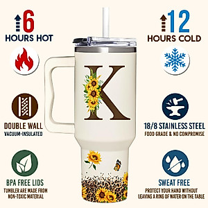 Personalized Birthday Gifts For Women - Sunflowers Monogrammed Cup For Boss Day, Christmas - Customized Gifts For Women, Mom, Wife, Coworkers, Boss Lady, Her - Custom Tumbler With Handle 40oz