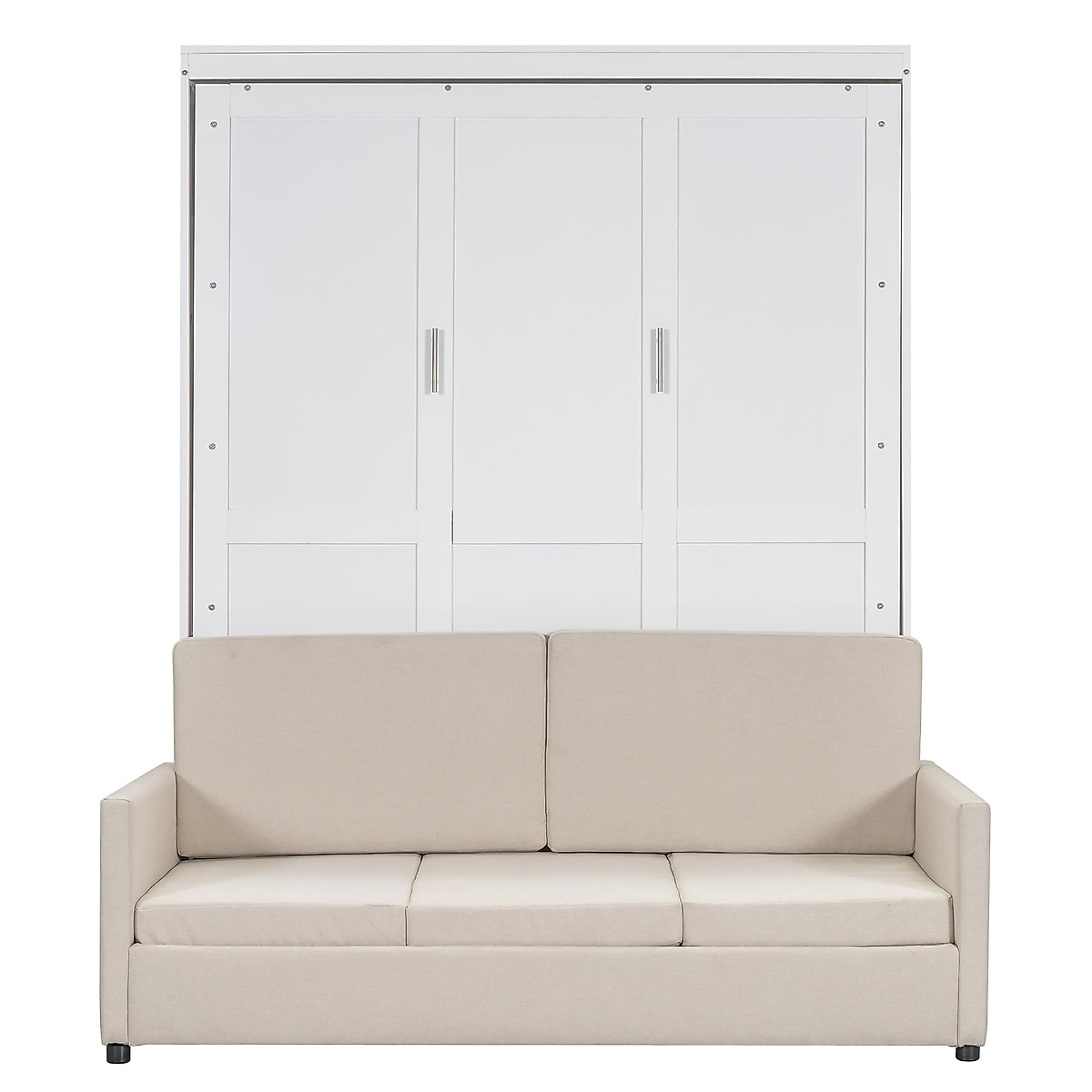 LZ LEISURE ZONE Queen Size Murphy Bed, Wooden Queen Murphy Bed with Cushion, Wall Bed with Sofa for Home Office or Small Room, White