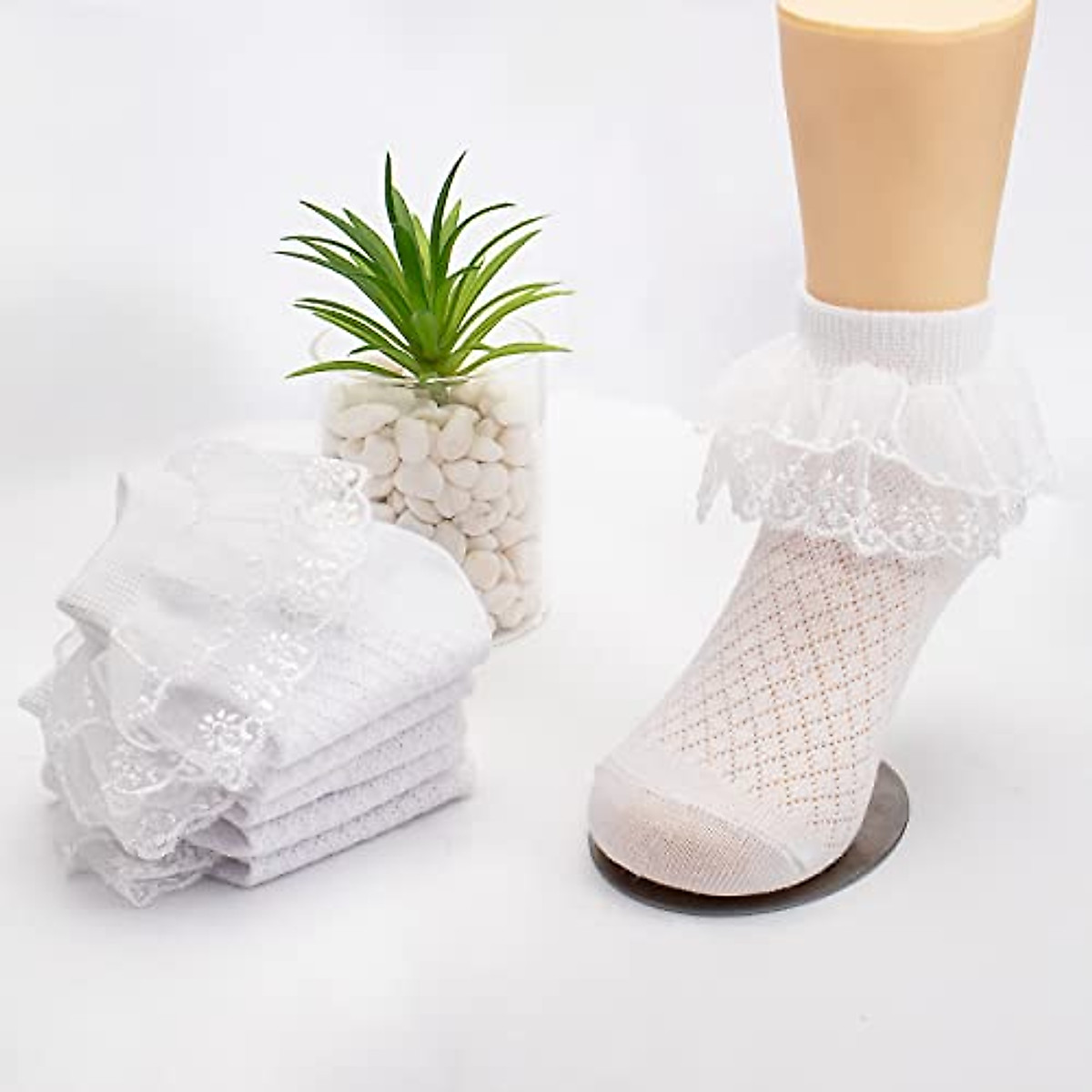 akkilar 5 Pairs Toddler Girl Frilly Lace Socks Cotton Thin Baby Kids Cute Mesh White Church Ankle Princess Dress Sock 2-13T