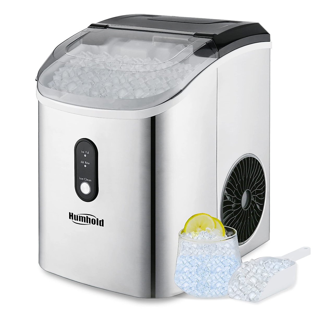 HUMHOLD Nugget Ice Maker Countertop, 33Lbs Chewable Pebble Ice Per Day, Auto Self Cleaning, Crunchy Pellet Ice Cubes Maker Machine, Portable Compact Design for RV/Home/Kitchen/Office