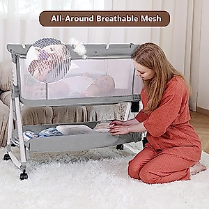 zebrater Baby Bassinet Bedside Sleeper with Storage Basket and Wheels,All Mesh Bedside Bassinet for Baby,7 Adjustable Height Portable Bedside Crib Co Sleeper for Newborn/Infant(3 in 1,Grey)