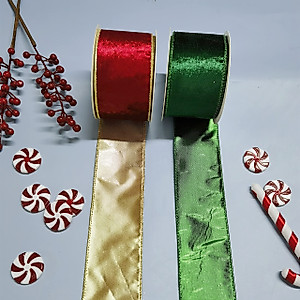2 Rolls Christmas Velvet Ribbon 2.5 Inches Width Vintage Wide Wired Edge Wrapping Ribbon for Christmas Gift Wrapping, Bow Making（Green,Red）