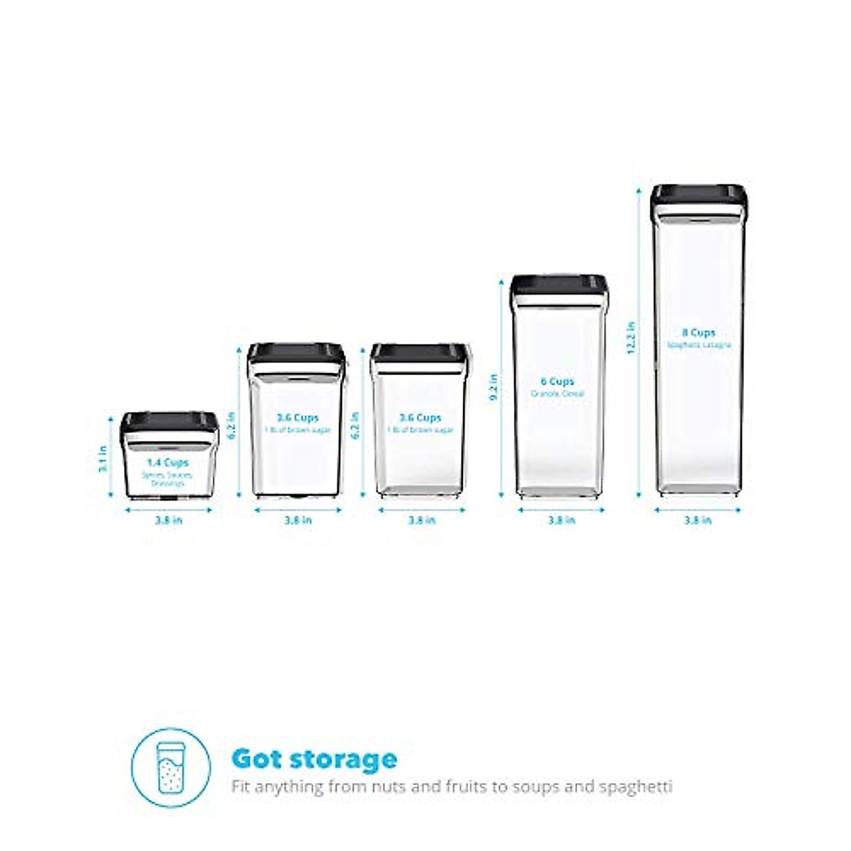 Zeppoli Air-Tight Food Storage Container Set | 5-Piece Set - Durable Plastic - BPA Free - Clear Plastic with Black Lids (2.0 qt/2.3 liters) (1.5 qt./1.7 liters) (0.9qt/1.0 liter) (0.35qt/ 0.38 liter)