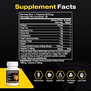 Bee Pollen Supplement Athenian Bee Pearls | Natural Immunity & Vitality Support Bee Pollen Capsule | Spartan Bee Bread Extract & Vitamin C | Non GMO, Nothing Synthetic, All Natural Organic Bee Pollen