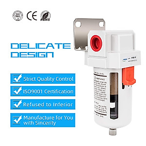 NANPU 1/2" NPT Compressed Air Line Filter, 5 Micron Brass Element, Bracket, Poly Bowl, 145 psi